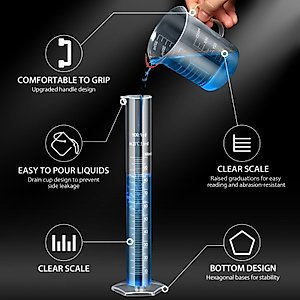 moveland Upgraded Plastic Graduated Cylinder and Plastic Beakers Set - Graduated Cylinder 10ml 25ml 50ml 100ml, Beakers 50ml 100ml 250ml 500ml 1000ml, 5 Pcs Pipettes, Ideal for DIY and Science Lab