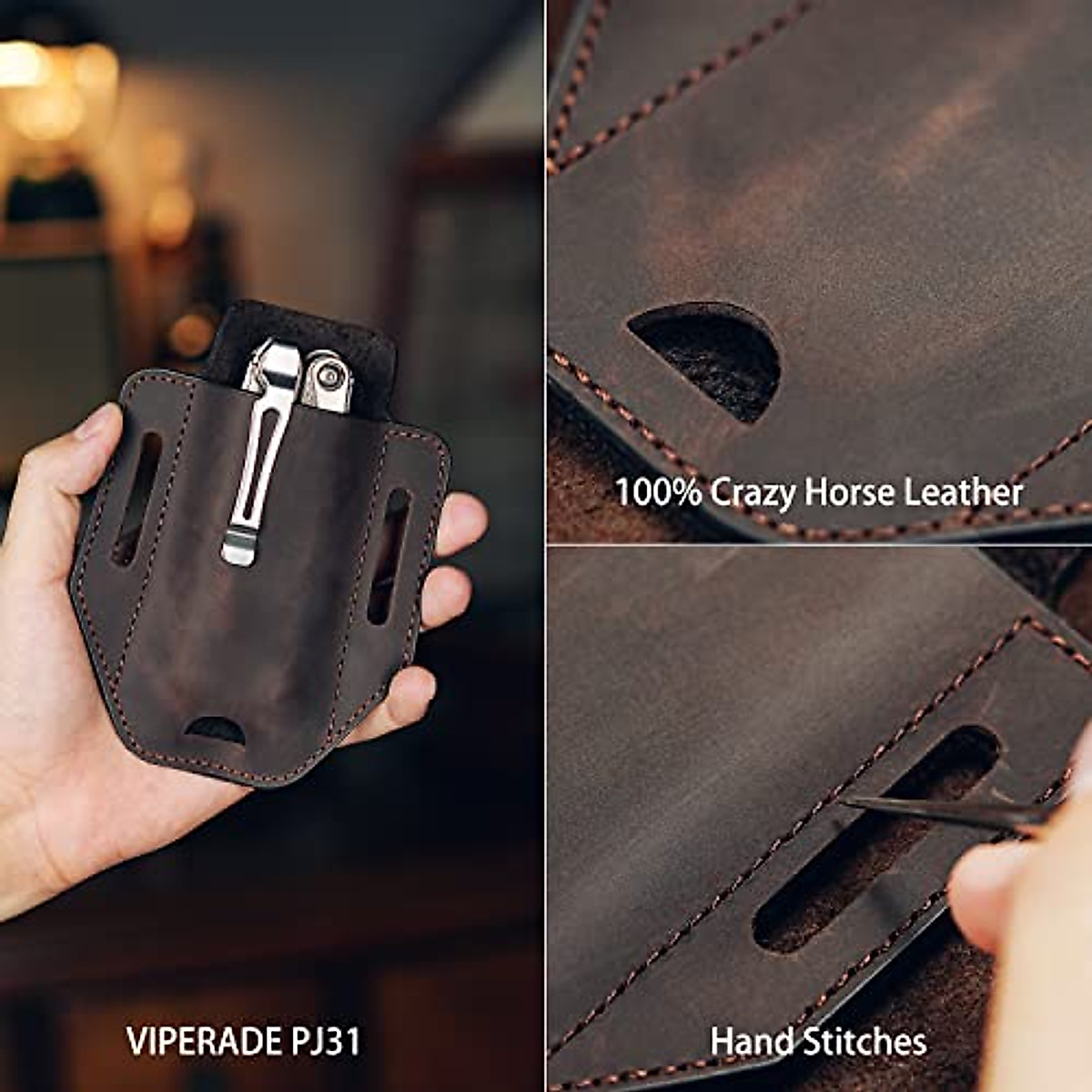 VIPERADE PJ31 Multitool Sheath, Flashlight Holster for Belt, EDC Pocket Pouch Leather Sheath for Men, Belt Sheath EDC Holster for Multitool, Flashlight, Folding Pocket Knife (No MOLLE-Brown)