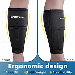 Sportout Adult Youth Kids Soccer Shin Guards,Comprehensive Protection for Your Leg, with Cushioned Ankle Protection to Prevent Injuries (Black-1, M)