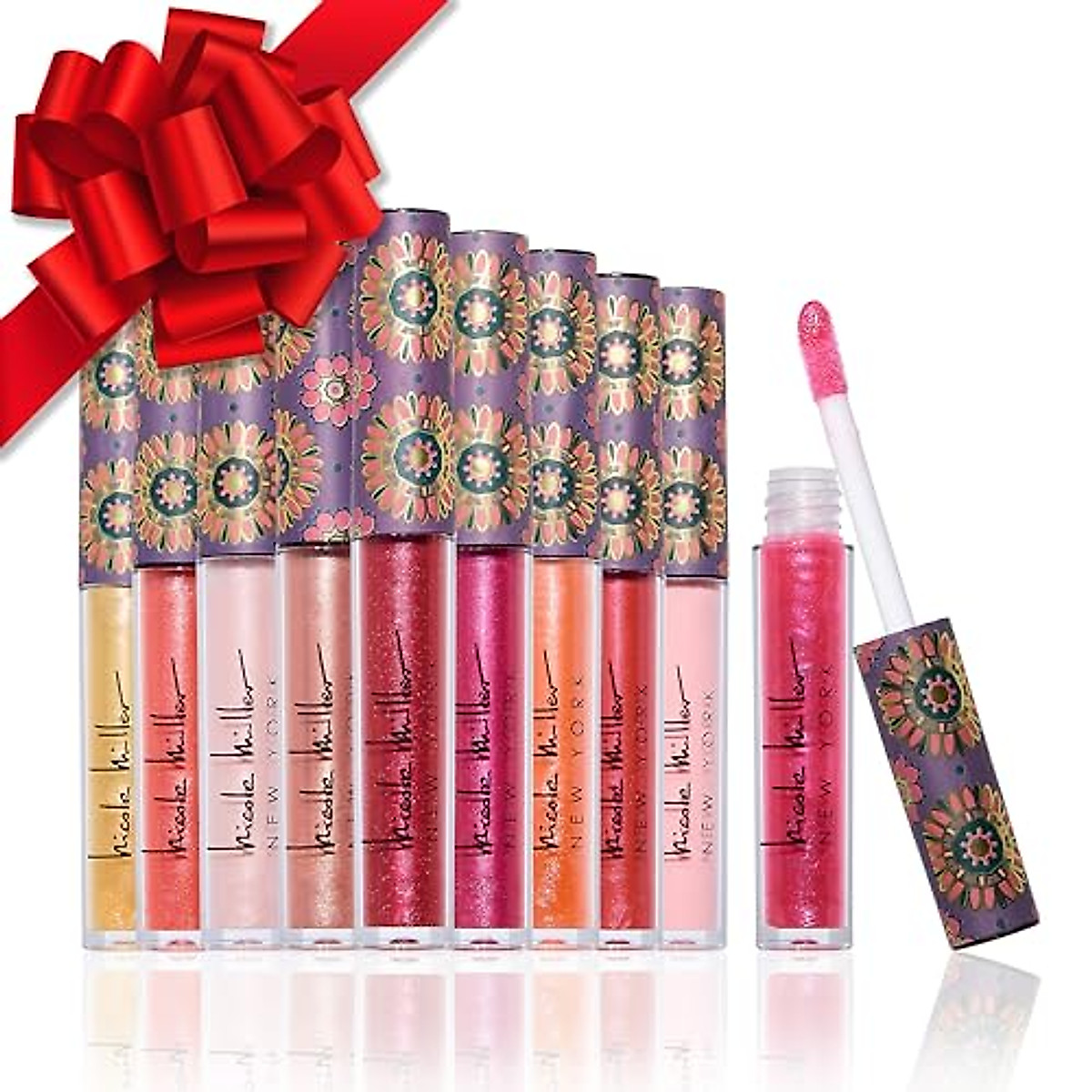 Nicole Miller Lip Gloss Collection Shimmery Glosses for Women and Girls Long Lasting Color Set with Rich Varied Colors, Pink Shimmer, 10 Count (Pack of 1)