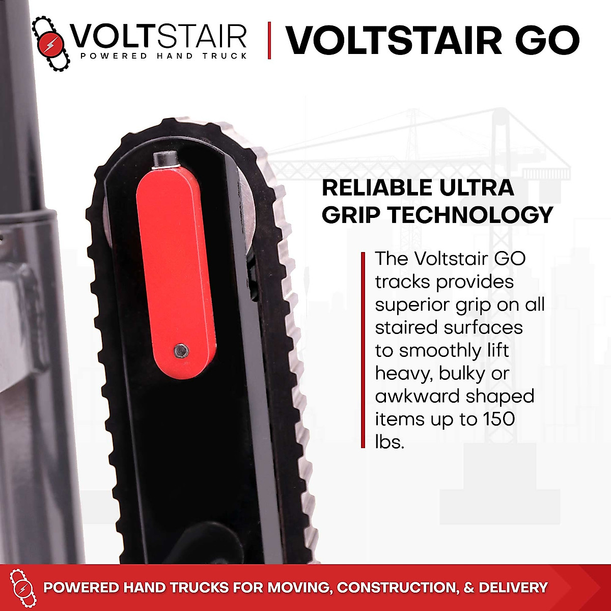 Voltstair GO Portable Electric Motorized Stair Climbing Hand Truck with Removeable Battery, with Included Bungee Cord and Anti Slip Tracks for Heavy Lifting (150lb. Lift Capacity) Black/Red