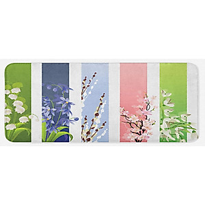 Ambesonne Flower Kitchen Mat, Spring Flowers on Different Backgrounds Lily Blossoms Valley Primrose Floral Print, Plush Decorative Kitchen Mat with Non Slip Backing, 47" X 19", White Green