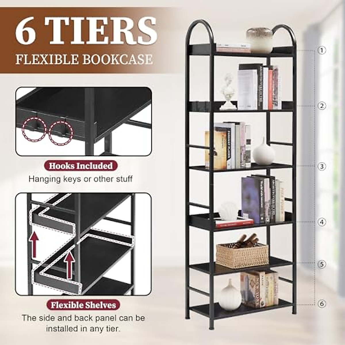 Xshelley 6-Tier Bookcase and Bookshelf, Bookcase with Metal Frame, Industrial Bookshelf with Open Storage Shelves for Home Office (Black)