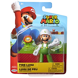 Super Mario Action Figure 4 Inch Fire Luigi Collectible Toy with Fire Flower Accessory