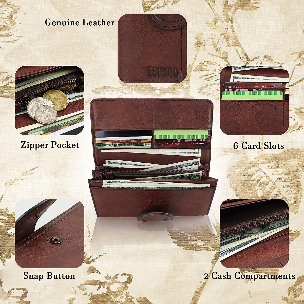 LETEULO Womens Wallet Leather Card Holder Designer Clutch Wallet Purse with Zipper Pocket (Coffee)