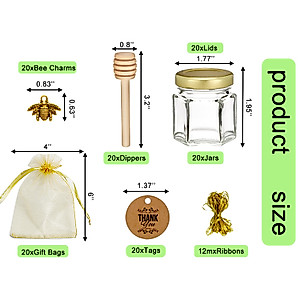 Ahhute 20 Pack Mini Glass Honey Jars with Dipper - Perfect for Baby Showers and Wedding Favors - Gold Lid, Bee Pendants, Ribbons - Includes Gift Bags