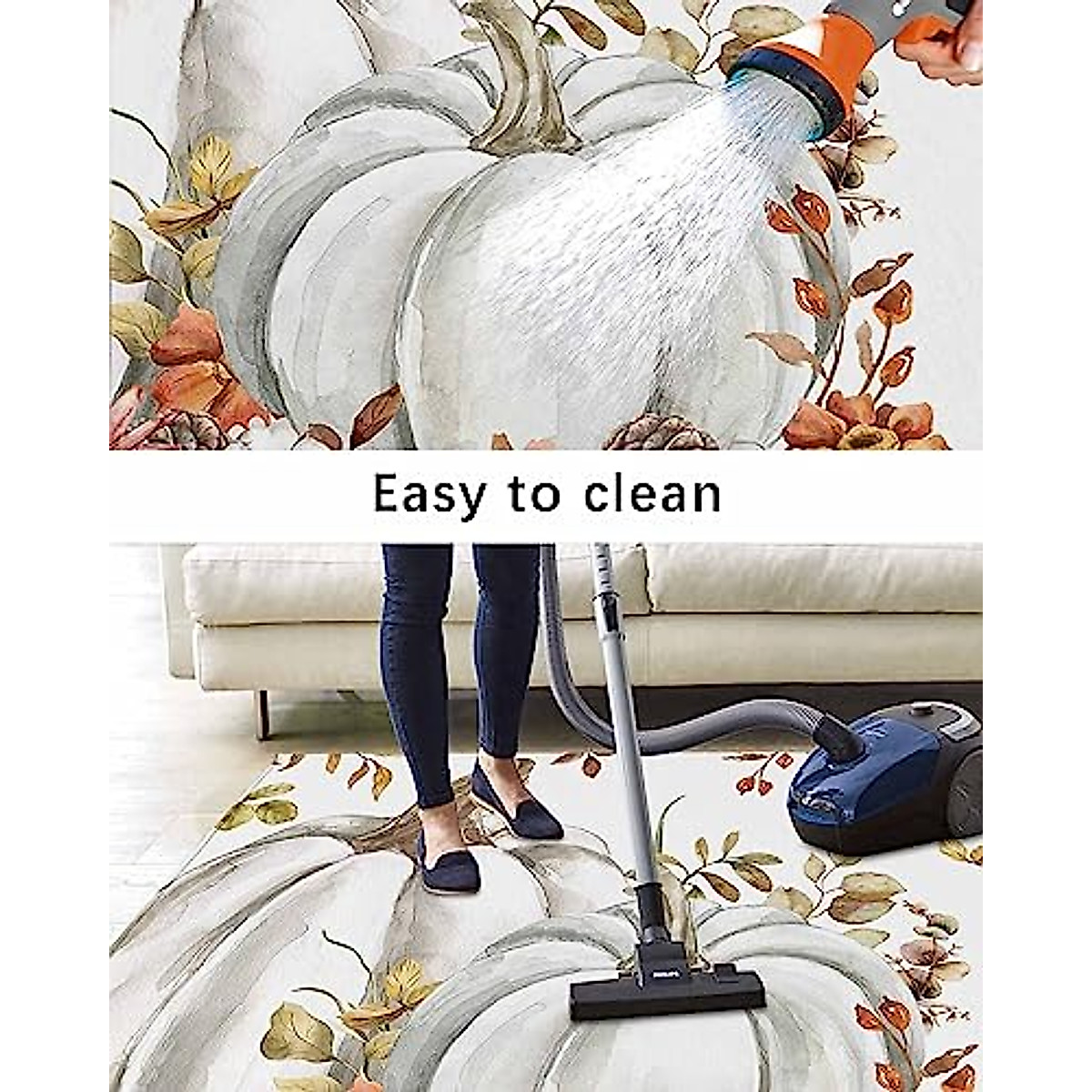 Fall Floral Thanksgiving Outdoor Rug for Patio, Large Floor Mat Grey Pumpkin Maple Leaves Non Slip Area Rug Rubber Backing Quick Dry Clearance Carpet for Camping, Garden, Lawn, Deck, Porch, 4' x 6'