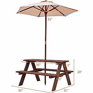 KOTEK Kids Picnic Table with Umbrella Foldable, Wooden Kids Table & Benches for Crafting, Eating & Playing, Outdoor Toddler Activity Table for Backyard, Patio, Garden, Gift for Ages 3-8