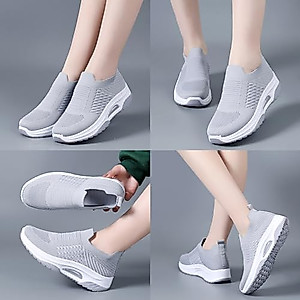 Women's Knitted Mesh Slip On Sock Sneakers,Breathable Upper Lightweight Platform Walking Nursing Shoes with Arch Support for Plantar Fasciitis (Grey,9)