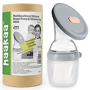 haakaa Gen.3 Manual Breast Pump with Silicone Lid Multifuctional Silicone Breast Pump Breast Milk Collector Breast Milk Catcher Breast Milk Saver Breastfeeding Essentials, BPA Free (5.4oz/160ml, Grey)