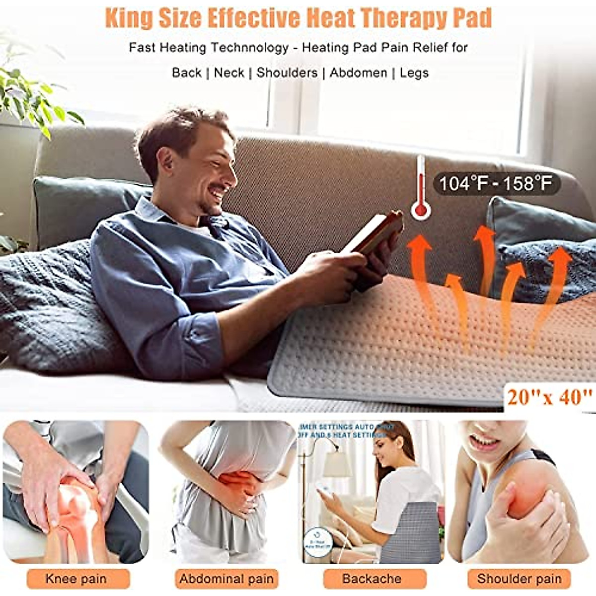 Extra Large Heating Pad - 20"x 40" Electric Heating Pad, Fast Heating Warm Pad, 10 Heat Settings Washable Soft Heat Pad, Dry & Moist Heat for Shoulders, Neck,Abdomen, Back,Limbs