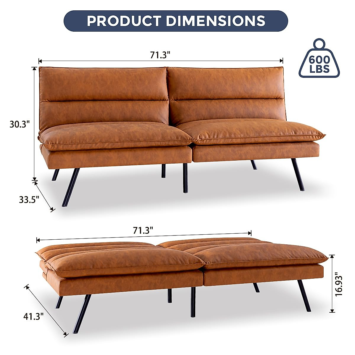 IULULU Futon Sofa Bed, 71 Inch 3-Seater Faux Leather Couch, Convertible Armless Sleeper with Adjustable Backrest for Small Space, Tan