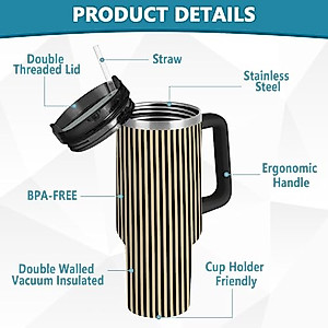 Flradish 40oz Tumbler with Handle, Stripes Khaki Black Stainless Steel Tumbler with Lid and Straws Double Wall Vacuum Insulated Leakproof Coffee Travel Mug
