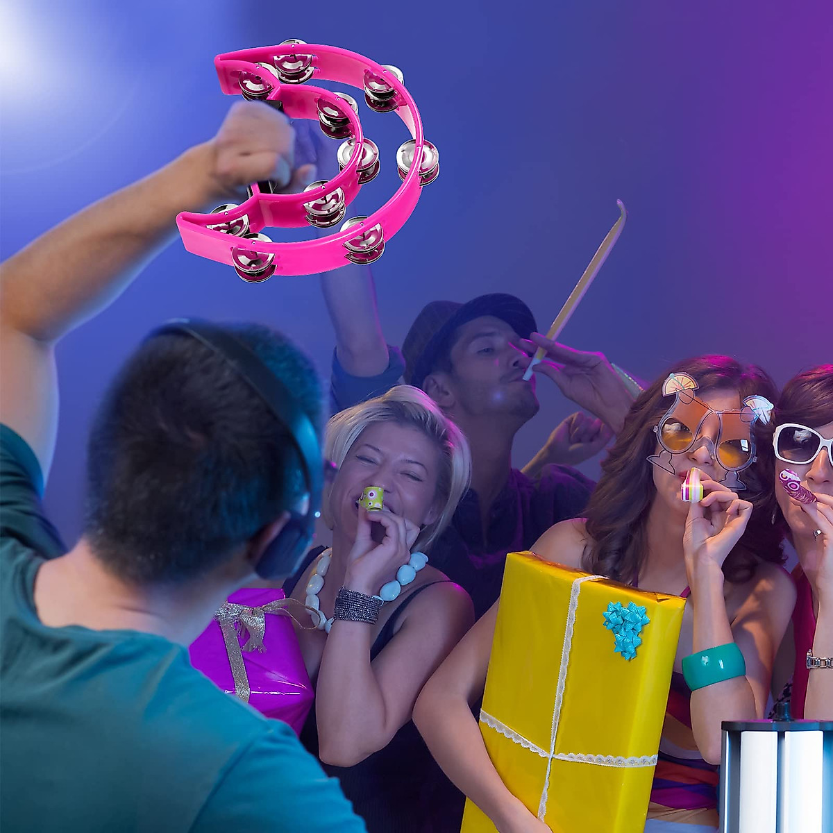 7 Pieces Double Row Tambourine Half Moon Musical Tambourine Plastic Tambourines Musical Instrument Handheld Tambourine Percussion Metal Jingles Hand Held Percussion Drum for Party Performance Concert