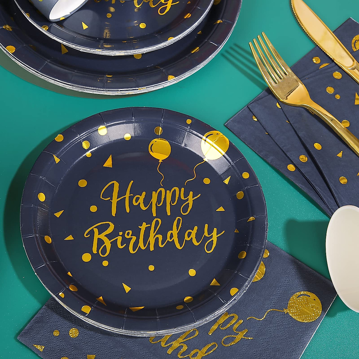400 Pcs Blue and Gold Birthday Party Supplies Navy Blue Plates and Napkins Set for 50 Guests Gold Dot Paper Plates Napkins Cups Cutlery Set for Boy Birthday Party Decorations