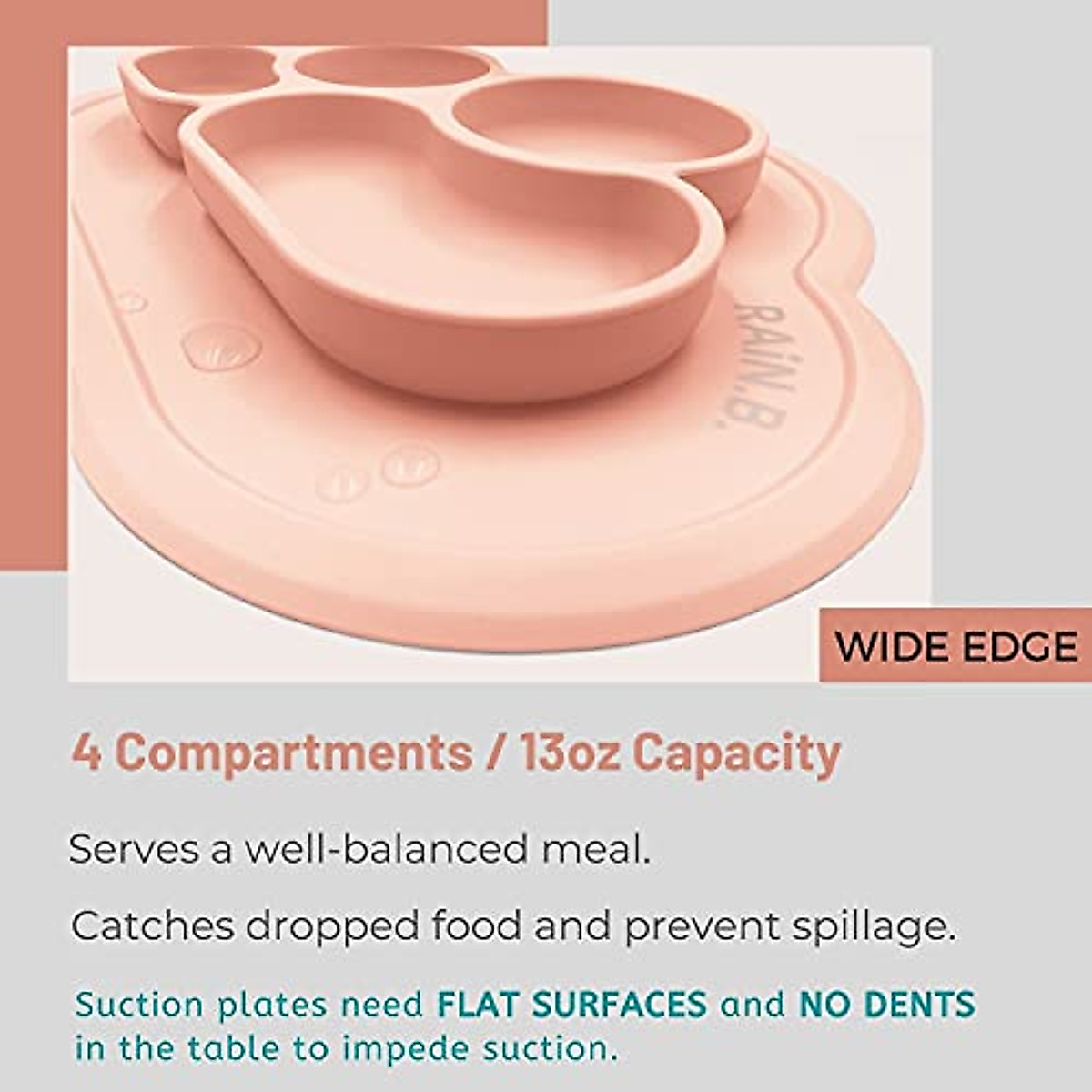 RAiN.B. CloudieMate Silicone Suction Plate with Built-in Placemat for Babies & Toddlers, Microwave Dishwasher Safe, Non-Slip Divided Plate with 4 Sections, BPA Free Food Grade Silicone /Glacier Blue