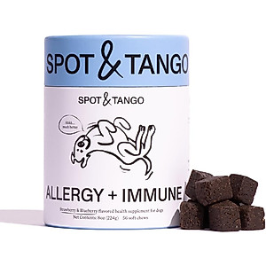 Spot & Tango Allergy + Immune Supplement for Dogs - Vet-Approved For Itchy Skin & Allergy Relief - Wild Alaskan Salmon Oil, Omega-3, Primrose Oil, Biotin - Real Strawberry & Blueberry Flavor, 56 Count