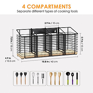 LOTEYIKE Large Kitchen Utensil Holder with 4 Compartments, Black Metal Kitchen Cooking Utensil Organizer for Farmhouse Cooking, Spatula Utensil Crock Caddy
