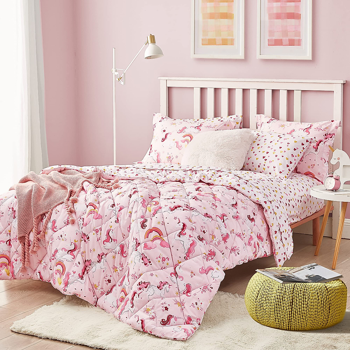 UMCHORD Unicorn Kids Bedding Set for Girls, 5 Pieces Twin Size Bed in a Bag, Super Soft Lightweight Comforter Set with Sheets, Durable Children Bed Set