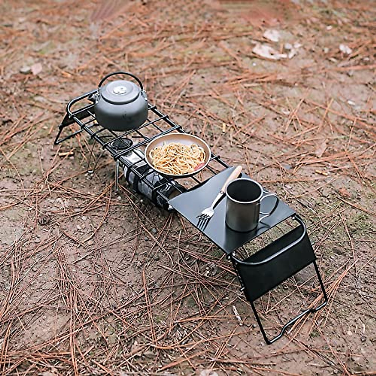 hhseyewell Double Kitchen Sink Mats Outdoor Scalable Grid Table Mini Stove Stand Adjustable Height Metal Folding Table Tea Table Wooden Dish Rack Black