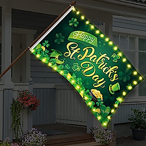 Happy St Patrick's Day Flag 3 x 5 ft Double Sided, Green Shamrocks Leaf Flag Large Fabric Irish Saint Patrick Flag Banner for St Patricks Day Holiday Garden Yard House Decoration Outdoor Indoor