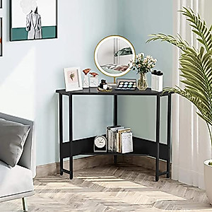 GOFLAME Corner Desk with Power Outlet, Triangle Computer Desk for Small Space, Space-Saving Writing Desk with Storage Shelf and Charging Station, Modern Laptop PC Desk for Home Office (Black)