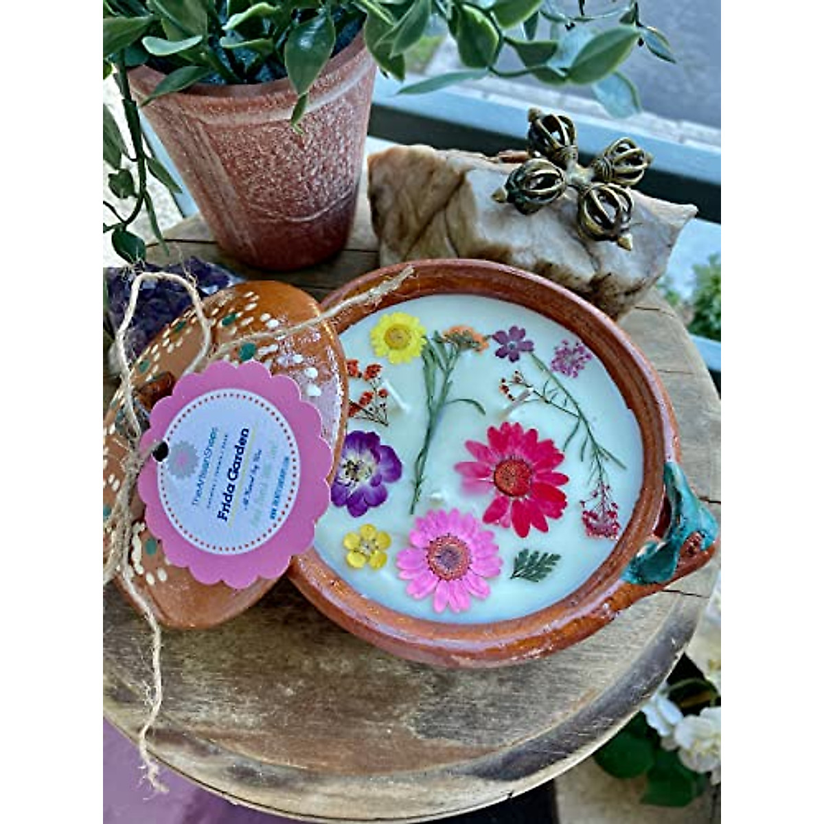 Frida Garden Cazuelita Candle Up Cycle Mexican Pottery Candle Bowl with Lid