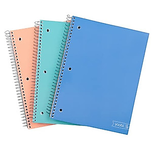 Yoobi College Ruled Spiral Notebook Set — Bulk 3-Pack of 3 Subject Notebooks, Blue, Mint Green & Blush Pink Colors — 150 Perforated, 3-Hole Punched Sheets, For School, Office & Home — 10.5” x 8”
