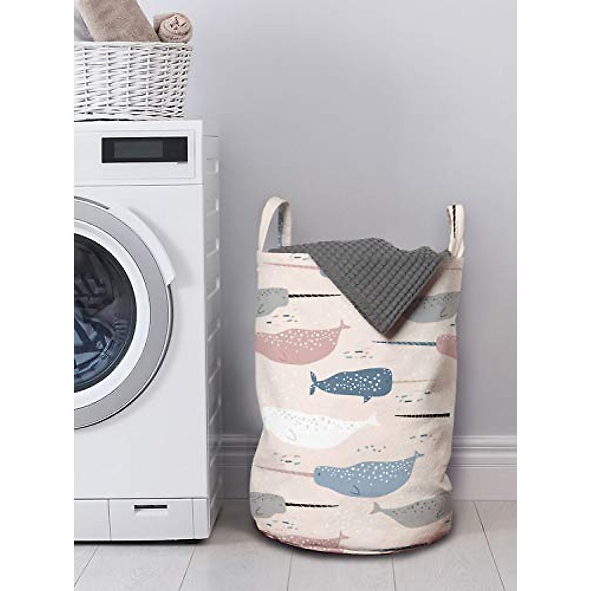 Lunarable Under the Sea Laundry Bag, Hand Drawn Narwhals Whales with Horns Pattern Exotic Mystical Marine Elements, Hamper Basket with Handles Drawstring Closure for Laundromats, 13" x 19", Multicolor