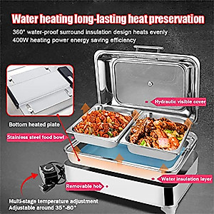 Food Warmers for Parties Buffets Electric, Electric Chafing Dish Buffet Set with Clear Glass Hydraulic Covers, Stainless Steel Buffet Server and Adjustable Temperature Warming Tray 35°c~80°c, 9l(Siz