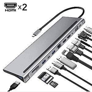 SXYLTNX 12 in 1 USB C Hub Laptop Docking Station Type-C to Dual HDMI-Compatible/VGA/USB 3.0 Hub/PD/RJ/Micro-SD/TF Card Dock Adapter