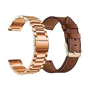Yeejok Venu 2S Watch Bands, Vivoactive 4S 40mm Bands, 18mm Metal Band + Replacement Quick Released Genuine Leather Strap Compatible for Garmin Vivoactive 3S 39mm Smart Watch Women, Rose Gold+Brown
