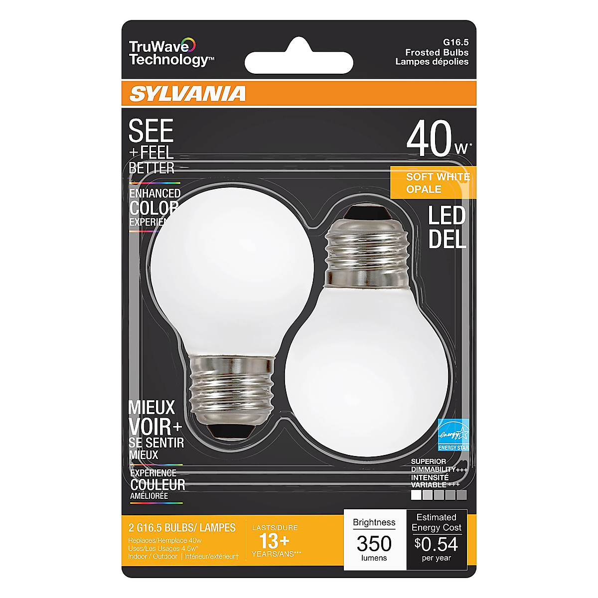 SYLVANIA LED TruWave Natural Series G16.5 Globe Light Bulb, 40W Equivalent, Efficient 4.5W, Medium Base, 350 Lumens Dimmable, Frosted, 2700K, Soft White (40799), 2 Count (Pack of 1)