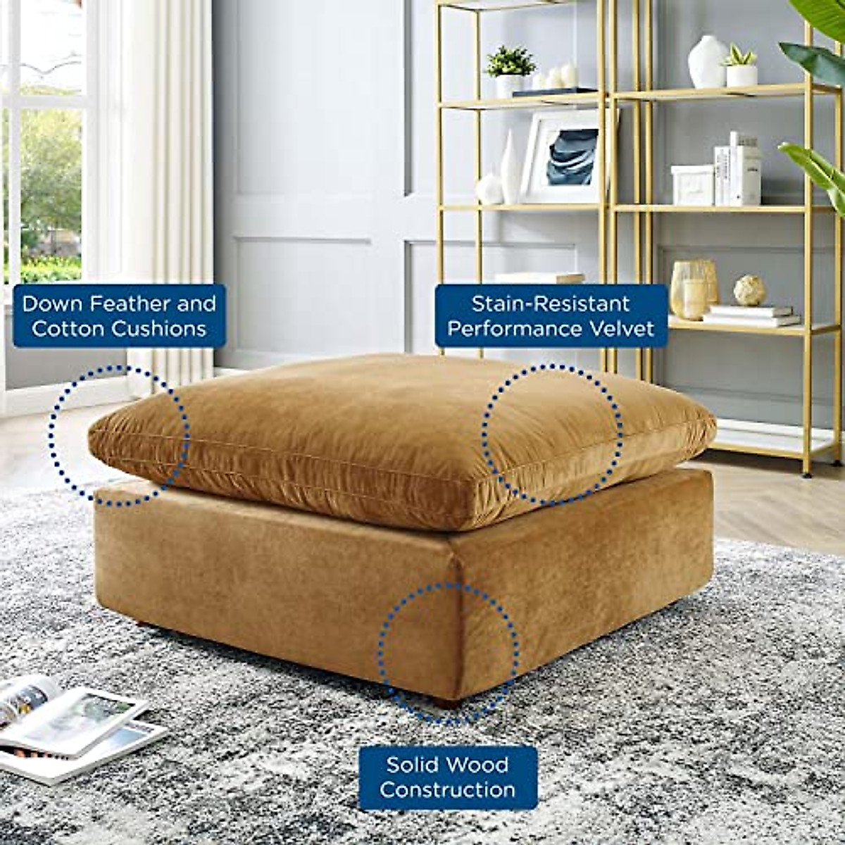 Modway Commix Down-Filled Overstuffed Performance Velvet Sectional Sofa Ottoman in Cognac