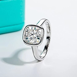 Brahmani Gems 925 Sterling Silver Ring 3.0 ct Cushion Moissanite Bezel Women Engagement Ring (7.5)