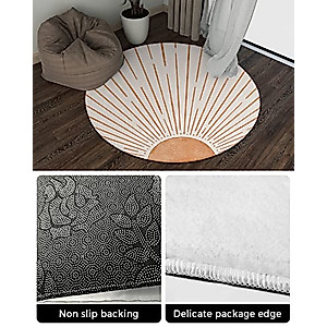 Soft Shag Round Area Rug Mid Century Terracotta Sun Lines Fluffy Circle Floor Carpet Rugs Modern Minimal Art Shaggy Plush Circular Mat for Bedroom/Living Room/Nursery