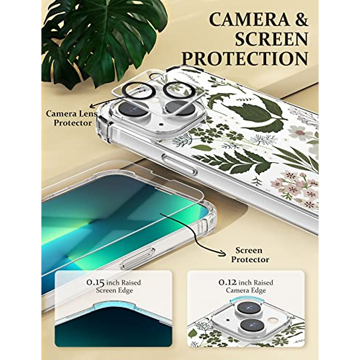 Cutebe [4 in 1 Phone Case for iPhone 13 Case/iPhone 14 Case 6.1 Inch, Cute Crystal Cover with Screen Protector + Camera Lens Protector+Rotatable Ring Stand Holder for Women