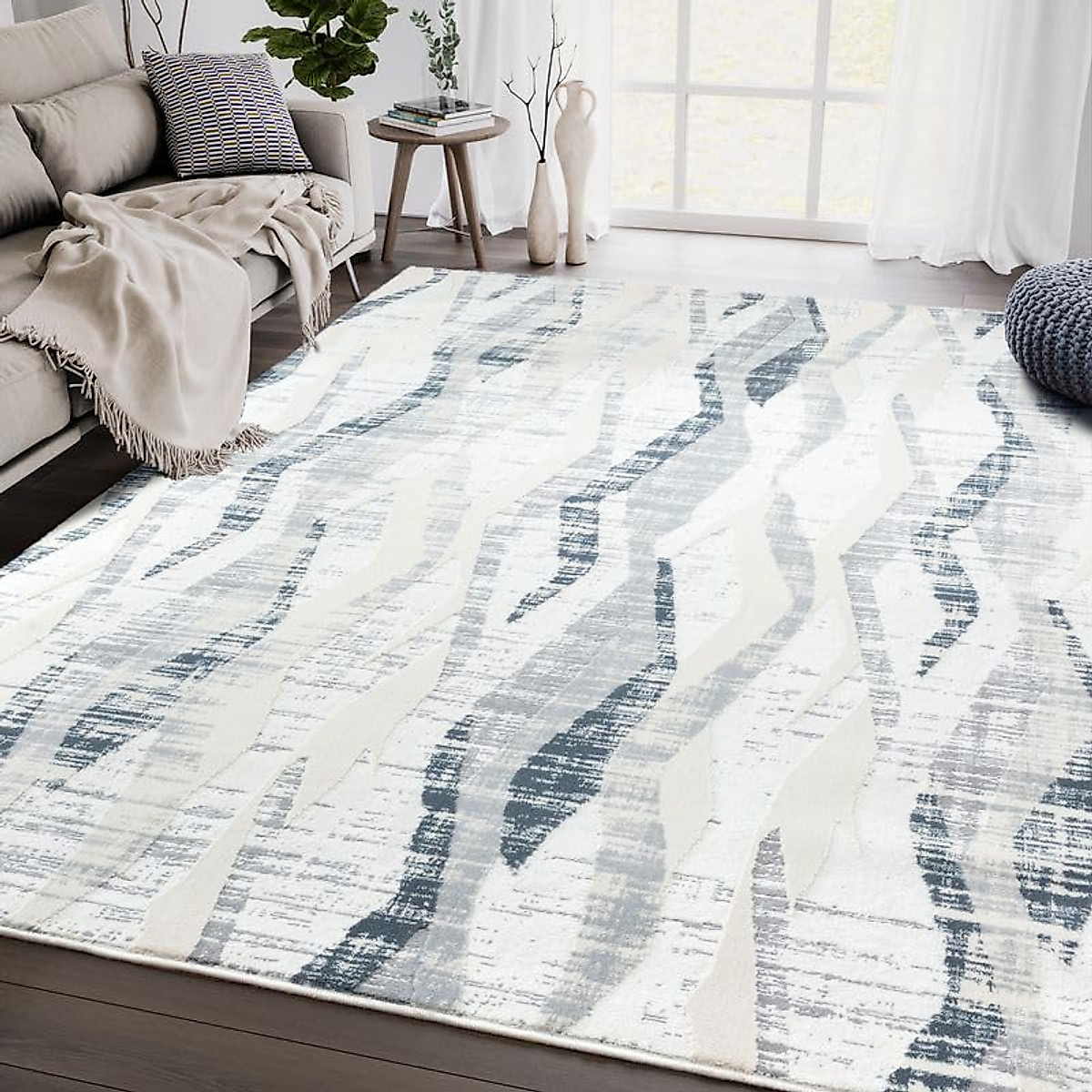 Abani Geometric Beige & Blue 4'x6' Area Rug, Aspen Collection - Contemporary Accent Rug Rugs