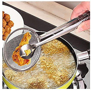 2 in 1 Stainless Steel Fine Mesh Strainer With Clip Tongs Oil Filter Spoon Multi-functional Reusable BBQ Filter Clamp Strainer Kitchen Tools for Oil-frying Food