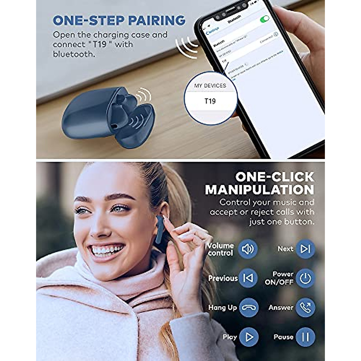 BEBEN True Wireless Earbuds, Waterproof Bluetooth Earbuds, 35Hrs Cyclic Playtime Headphones with Charging Case and mic for iPhone Android, in-Ear Stereo Earphones Headset for Sport Blue