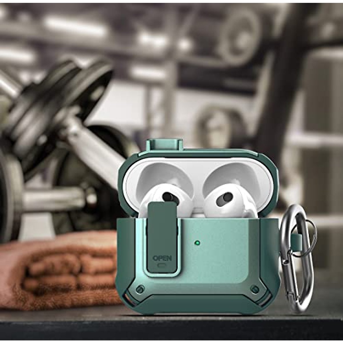 Encased X-Armor Compatible with Airpods 3 Case (3rd Generation) Protective Carabiner Keychain with Lid Lock (Metallic Green)