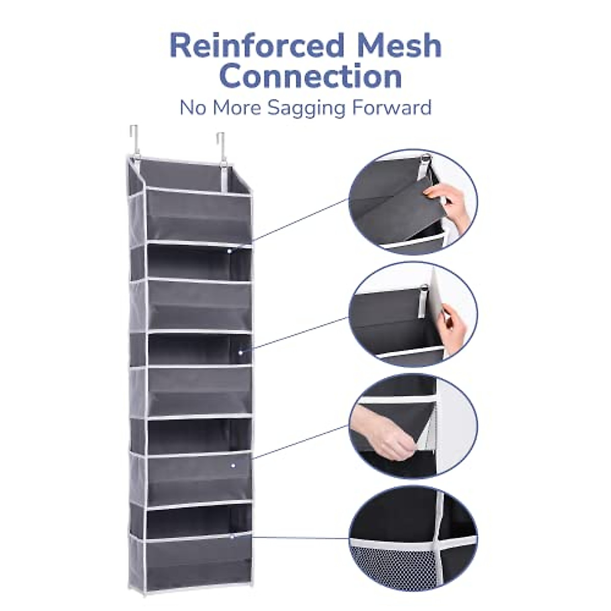 ULG 1 Pack Over Door Organizer with 5 Large Pockets 10 Mesh Side Pockets, 44 lbs Weight Capacity Hanging Storage Organizer with Clear Window Kids Toys, Shoes, Diapers, Dark Grey, 5 Layers