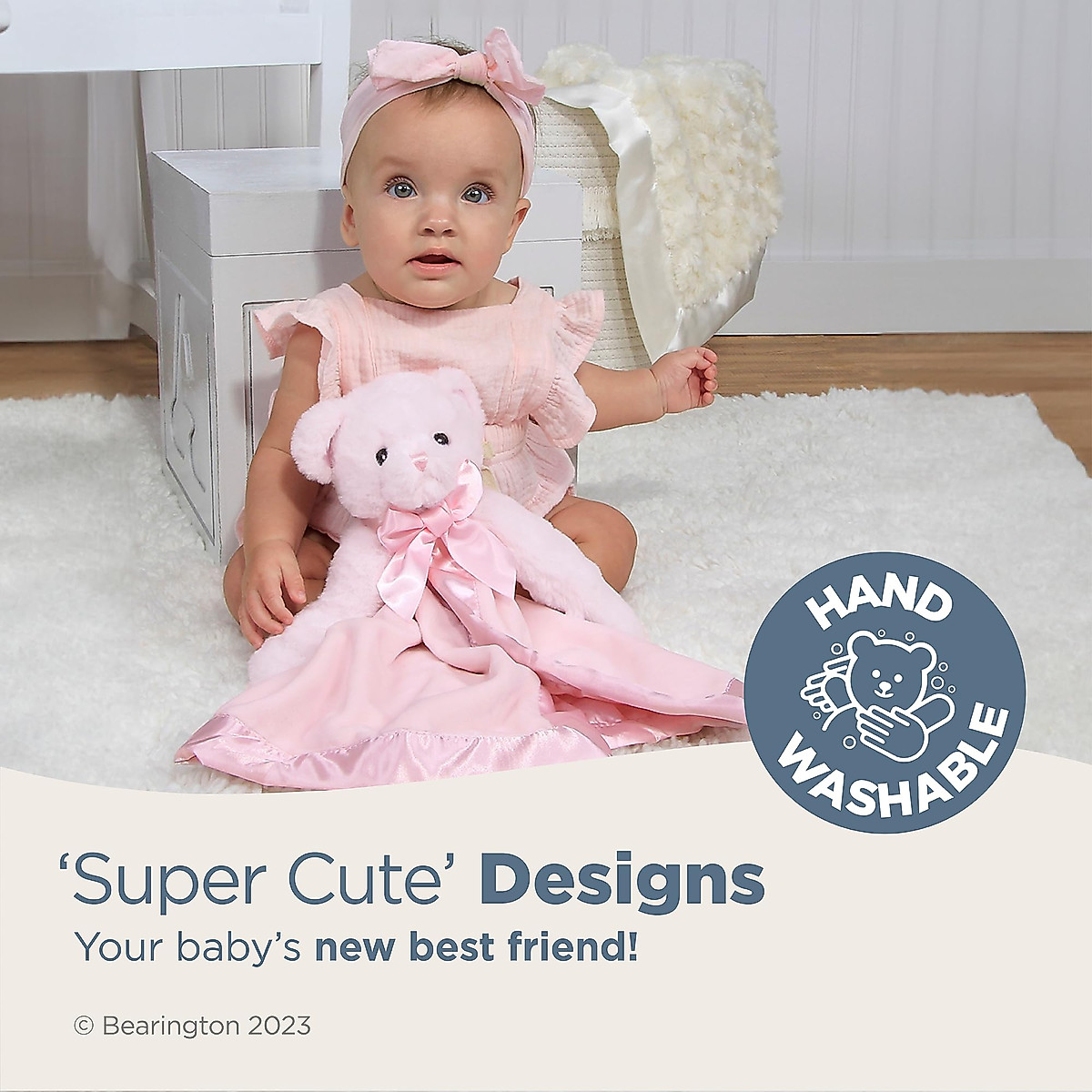 Bearington Baby Huggie Bear Snuggler, 15 Inch Pink Teddy Plush Stuffed Animal Security Blanket Lovey for Babies