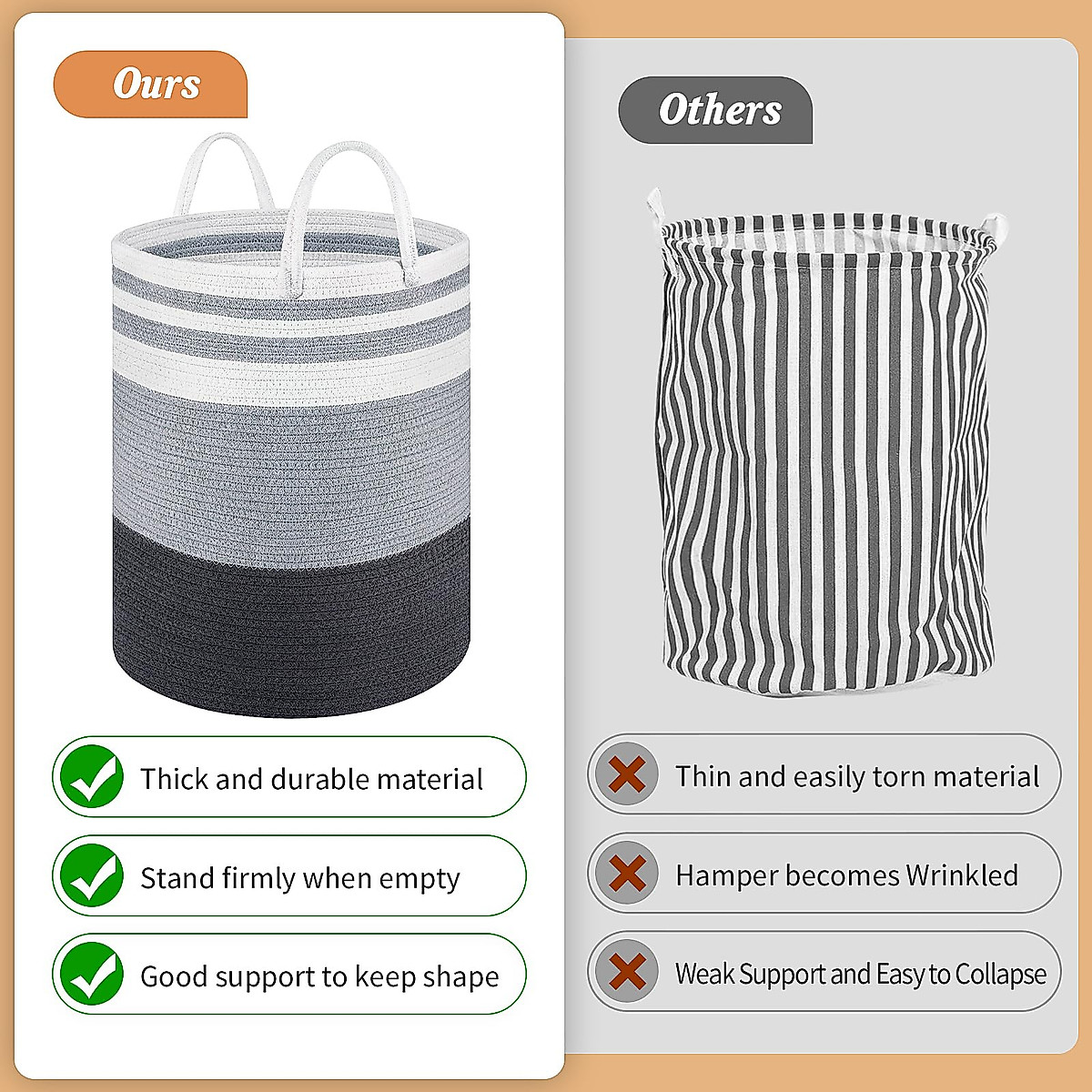 WOWBOX Cotton Rope Laundry Hamper, Large Laundry Basket, Dirty Clothes Storage Basket Laundry Bin for Blanket, Bedroom, Dorm, Towels, Toys (Grey, 58L)