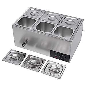 Leblett 110V Commercial Food Warmer,Large Capacity 6X 3.2Qt Pan Stainless Steel 600W Electric Countertop Steam Table with Intelligent Thermostat for Catering and Restaurants Use (6-Pan)