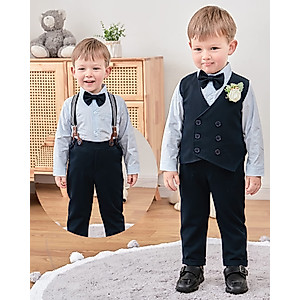YALLET Toddler Baby Boy Clothes Suit Gentleman Wedding Outfits, Formal Dress Shirt+Bowtie+Vest+Boutonniere+Suspender Pants(V Navy Blue, 2-3T)