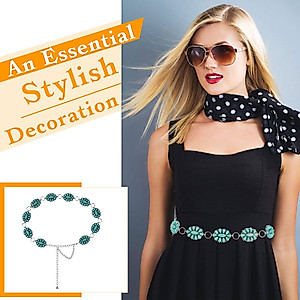 2 Pcs Turquoise Concho Chain Belt Adjustable Waist Belts for Women Western Metal Silver Belt for Dress Womens Turquoise Belt(Elegant Style)