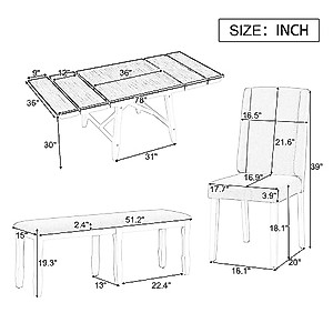 HAUSHECK Classic 4-6, Modern Home Furniture Small Space with Rectangular Extendable Table w/Two 12" W Removable Leaves, Upholstered Bench & Chairs w/Wing Back, Kitchen & Dining Room Sets for 6, White