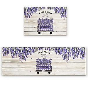 Kitchen Rug Set of 2 Piece Truck With Lavender Floor Mats Non-Slip Area Runner Carpet Washable Carpet Indoor Doormat Pad Sets, Farm Fresh Flower Farmhouse Purple Floral Wood 19.7x31.5in+19.7x47.2in
