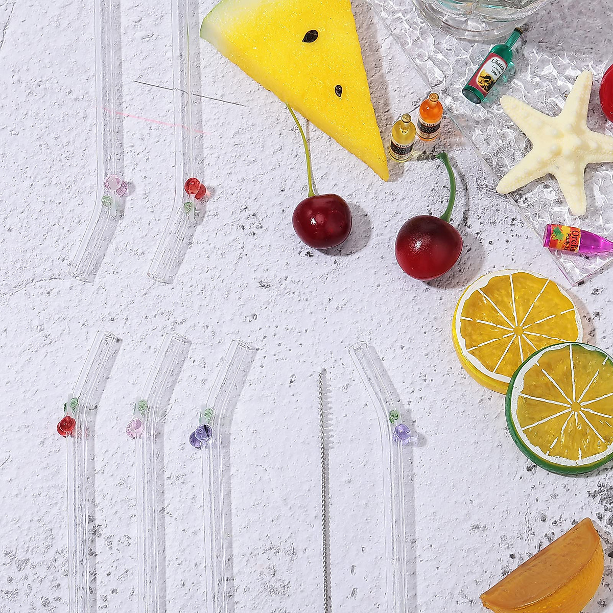 9 Pcs Reusable Glass Straws with Design 8 mm x 7.9 Inch Colorful Cherry on Clear Straw Bent Glass Cherry Straws with Cleaning Brush for Cocktail Juice Shakes Beverages Cocktails